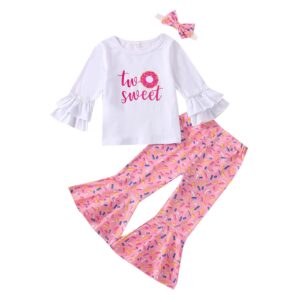 vchoohce toddler baby girl birthday outfits sweet long sleeve t-shirt top doughnut bell-bottoms pants headband 3pcs clothes set (long sleeve-b sweet two,2-3t)