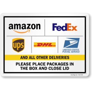 smartsign 10 x 14 inch “please leave packages in the box and close lid” metal sign with delivery logos, 40 mil laminated rustproof aluminum, multicolor, made in usa