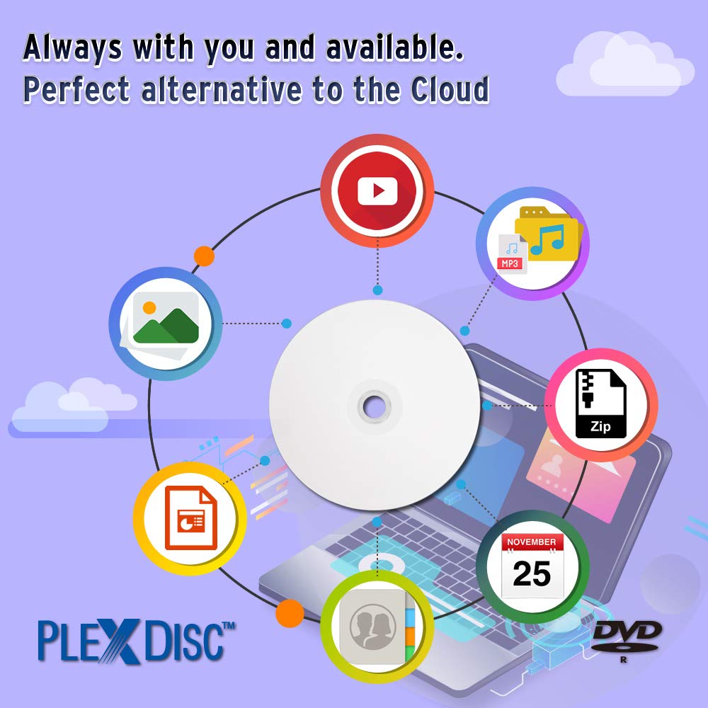 PlexDisc DVD-R 4.7GB 16x White Inkjet Hub Printable Blank DVD Discs - 100 Pack Shrink Wrap (No Container) Blank DVDs for Burning Video, DVD-R Blank Discs, Writable DVD Media