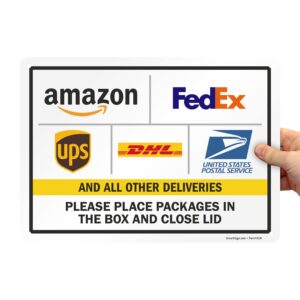 SmartSign 10 x 14 inch “Please Leave Packages in The Box and Close Lid” Metal Sign with Delivery Logos, 40 mil Laminated Rustproof Aluminum, Multicolor, Made in USA