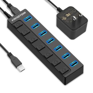 powered usb 3.1/3.2 hub, vanotom 7-port charging usb 3.1/3.2 gen 2 hub, superspeed usb splitter up to 10gbps with power adapter and individual on/off switches for pc and laptop