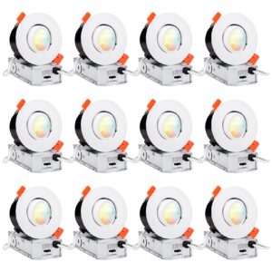 torchstar 12-pack 5cct 3 inch gimbal led recessed light, 7w cri90+ dimmable adjustable eyeball canless led downlight, 2700k/3000k/3500k/4000k/5000k selectable, airtight ic, etl