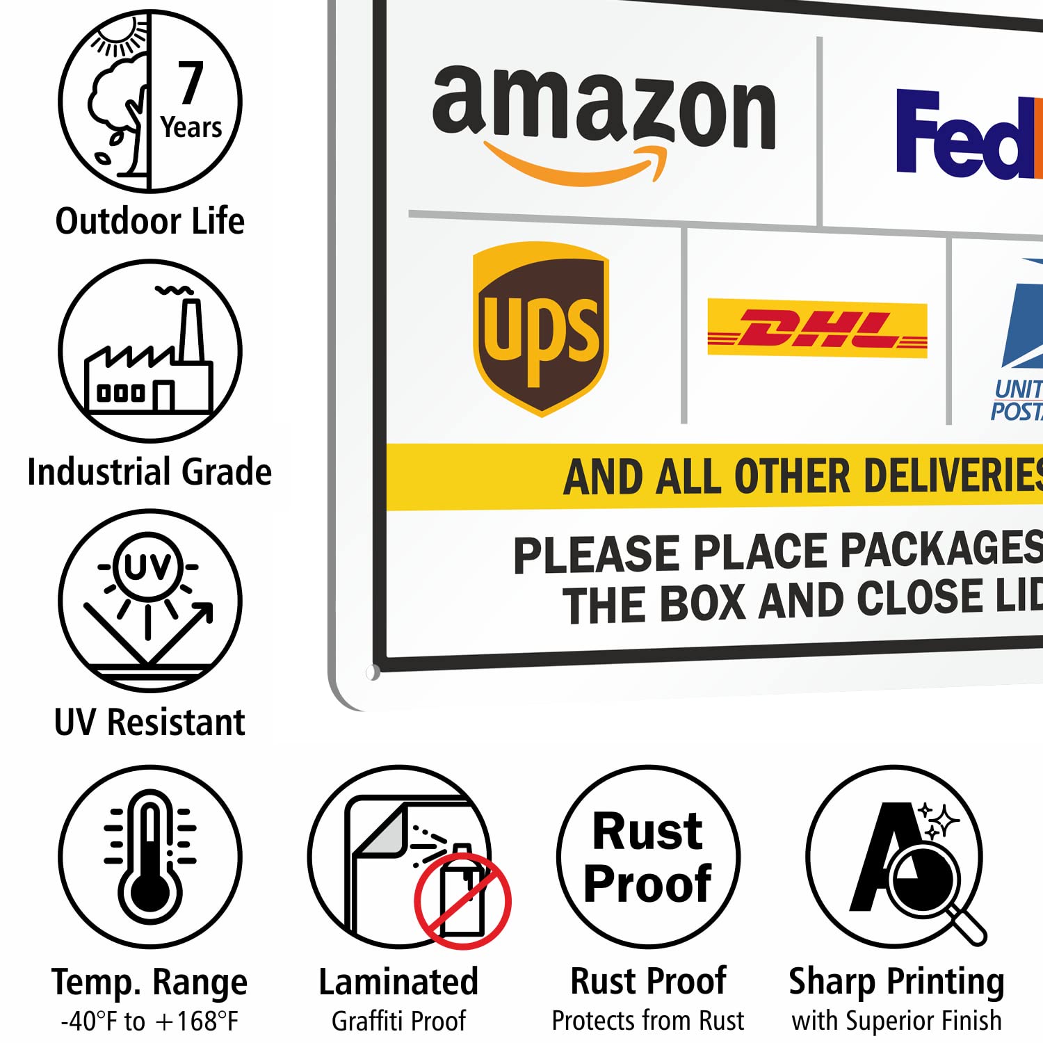 SmartSign 10 x 14 inch “Please Leave Packages in The Box and Close Lid” Metal Sign with Delivery Logos, 40 mil Laminated Rustproof Aluminum, Multicolor, Made in USA