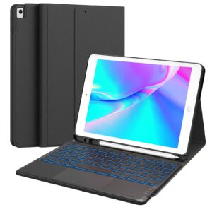 chesona for ipad 9th generation case with keyboard, 7 color backlit, multi-touch trackpad, built-in pencil holder, 2 bluetooth channels, flip stand keyboard case for ipad 9th/8th/7th gen 10.2” black