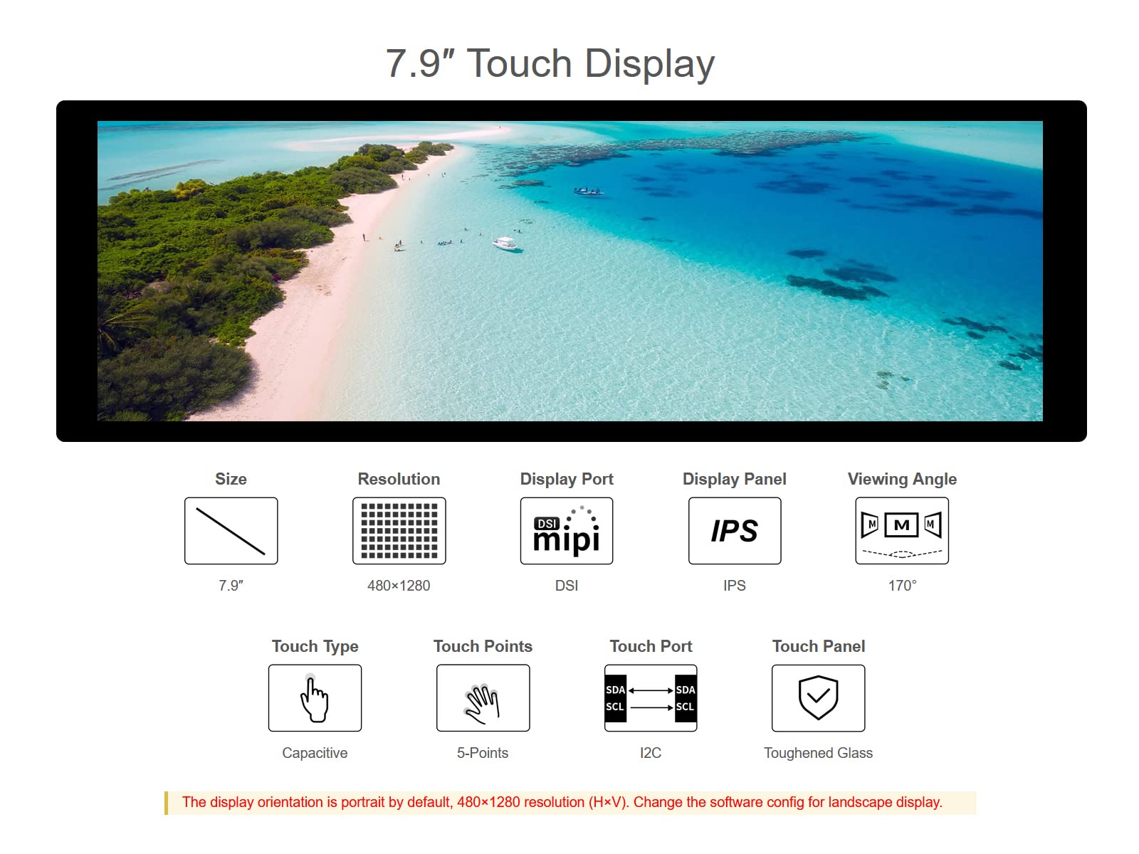 waveshare 7.9inch Touchscreen Display for Raspberry Pi 4B/3B+/3A+, 480×1280 Resolution IPS Screen, DSI Interface, Capacitive Touch Panel Support up to 5 Points Touch