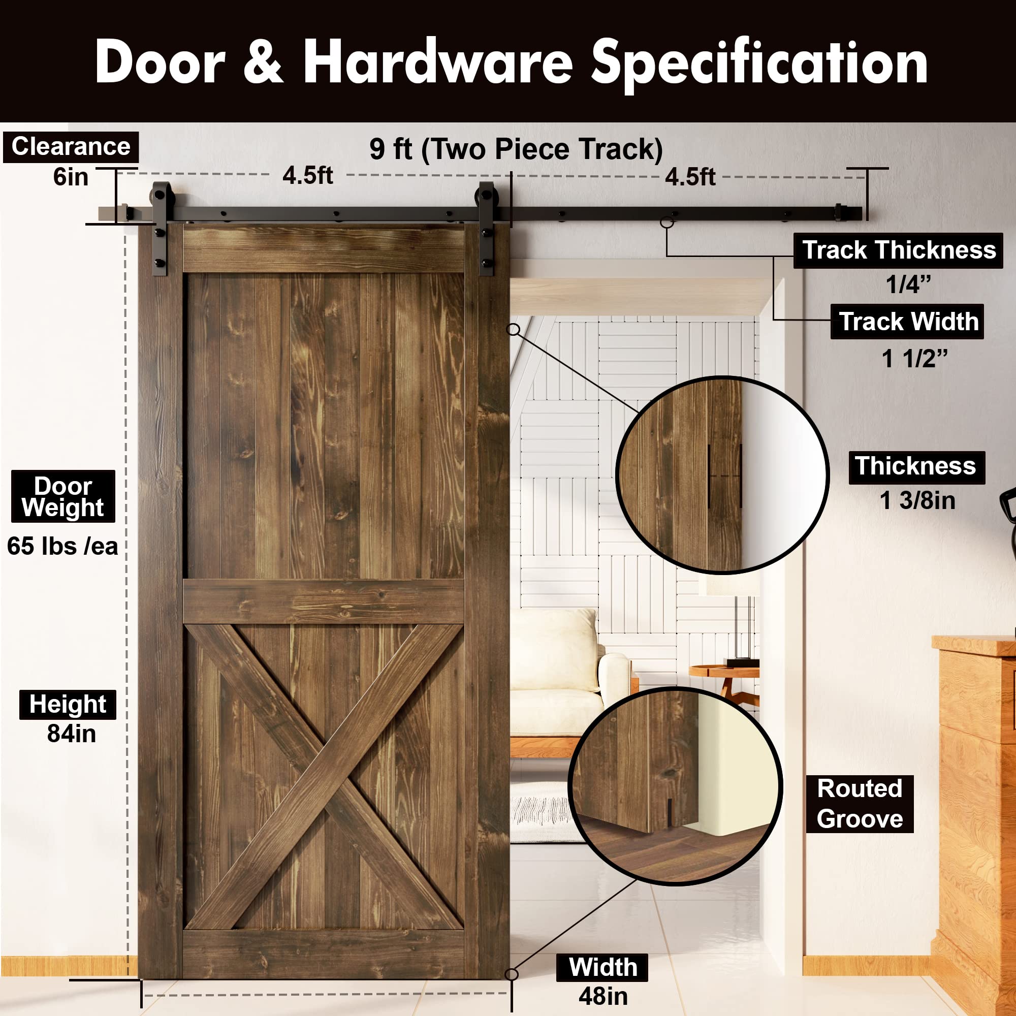 HOMACER Door Size 48'' W x 84'' H x 1-3/8'' D Single Pine Wood Barn Door (Unassembled X Design) with Non-Bypass Installation Hardware Kit, Track Length 108'', Interior Use Only