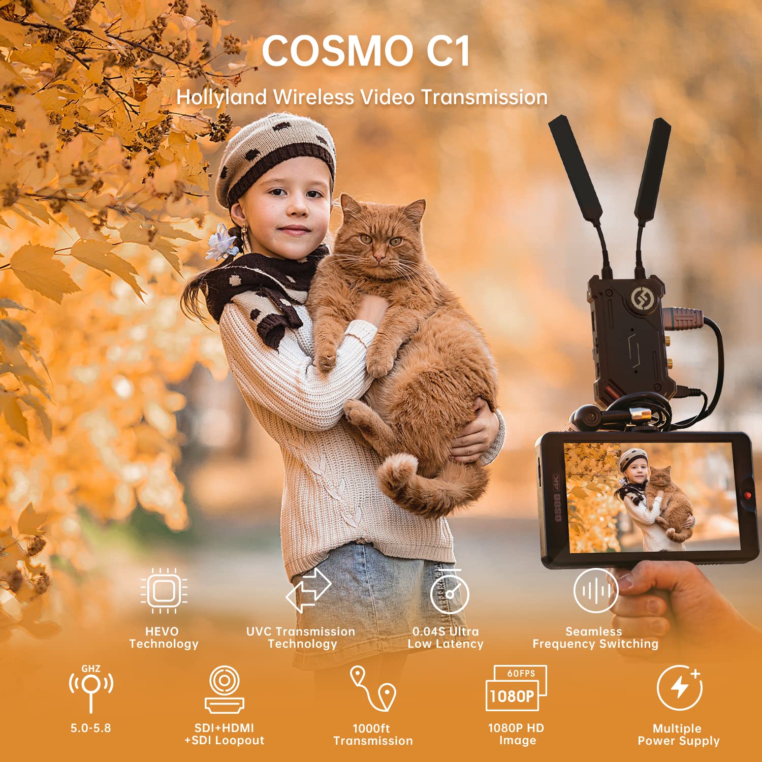 Hollyland Cosmo C1 Wireless Video Transmitter Receiver 5GHz Transmission System, 1000ft Range, Dual SDI&1-HDMI, Up-to 1080p60, 40ms Low Latency, UVC Direct Live Stream, Seamless Channel Switch