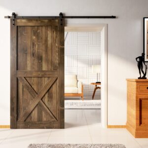 homacer door size 48'' w x 84'' h x 1-3/8'' d single pine wood barn door (unassembled x design) with non-bypass installation hardware kit, track length 108'', interior use only