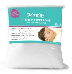 kolcraft fitted waterproof baby crib mattress protector, crib mattress topper, crib mattress pad, toddler bed mattress protector, machine washable/dryer friendly, 52” x 28”- white