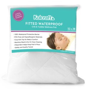 Kolcraft Fitted Waterproof Baby Crib Mattress Protector, Crib Mattress Topper, Crib Mattress Pad, Toddler Bed Mattress Protector, Machine Washable/Dryer Friendly, 52” x 28”- White