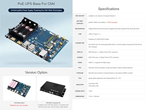 Waveshare PoE UPS Uninterruptible Power Supply Base Board/Mini-Computer Designed for Raspberry Pi Compute Module 4 Gigabit Ethernet Dual HDMI Quad USB2.0