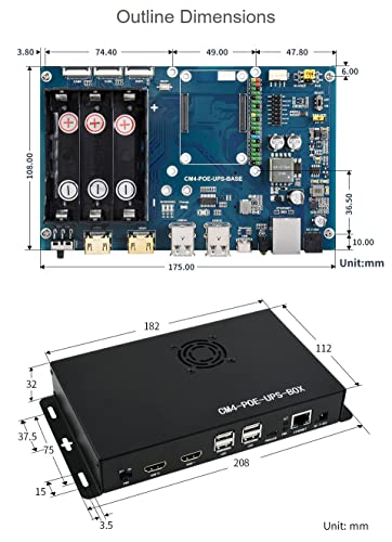 Waveshare PoE UPS Uninterruptible Power Supply Base Board/Mini-Computer Designed for Raspberry Pi Compute Module 4 Gigabit Ethernet Dual HDMI Quad USB2.0