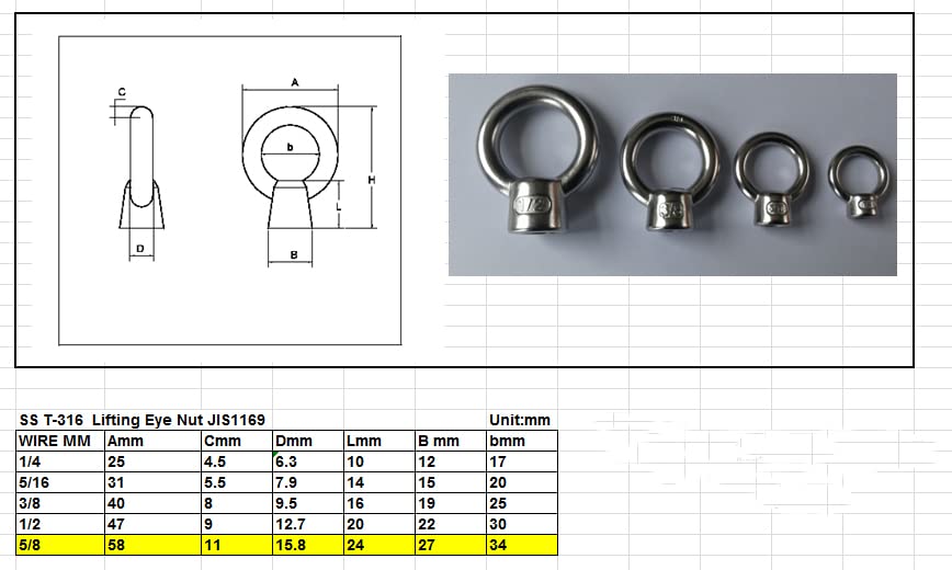 2 Pieces 316 Stainless Steel Lifting Eye Nut 5/8" UNC Marine Grade (5/8" - 2 PK)