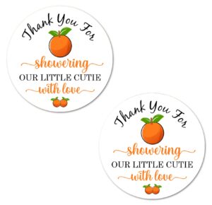 little cutie 40 thank you for showering stickers, 2 inch big round glossy labels, clementines theme for baby shower, birthday, great for party favors, tags, games and supplies. made in usa