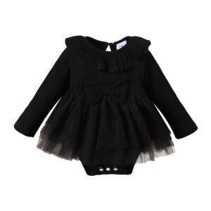 opawo newborn baby girl bodysuit dress long sleeve ribbed romper onesie with tulle skirt infant baby girl dresses 0-18 months(black,0-3 months)