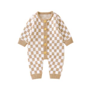 infant baby girl boy knitted sweater romper jumpsuit checkerboard plaid print long sleeve button down bodysuit clothes (camel, 3-6 months)