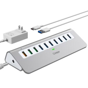 powered usb hub 10gbps, 10 port usb 3.1 gen 2 hub with 7 usb 3.1 data ports, 3 fast charging ports, 36w power adapter, type a and type c cable, aluminum usb data hub for mac, pc, laptop