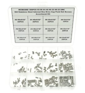 mcmaske 300pcs #2-56#4-40#6-32#8-32 unc 304 stainless steel internal hex drive cup point set screws assortment kit