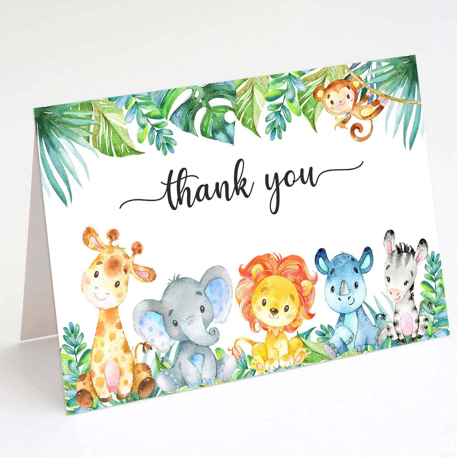 Buerhanerry 50 Safari Animals Thank you Cards, Jungle Animals Thank You Notes, 4x6 Safari Thank you Cards for Baby Shower, Wild One, Birhtday Party