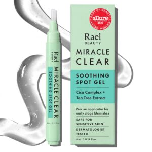 rael acne spot treatment, miracle clear soothing spot gel pen - acne gel, pimple and blemish treatment, korean skincare, for early stage, succinic acid, tea tree, cica, vegan, cruelty free (0.14 oz)