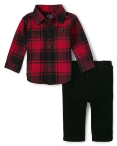 the children's place baby boys' and toddler long sleeve button down shirt and chino pants, 2 piece outfit, red/black plaid, 0-3 months