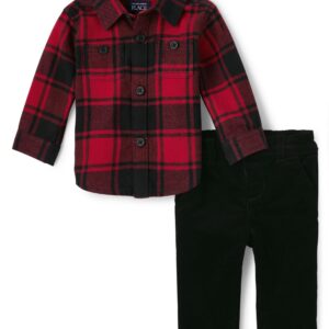 The Children's Place Baby Boys' and Toddler Long Sleeve Button Down Shirt and Chino Pants, 2 Piece Outfit, Red/Black Plaid, 0-3 Months