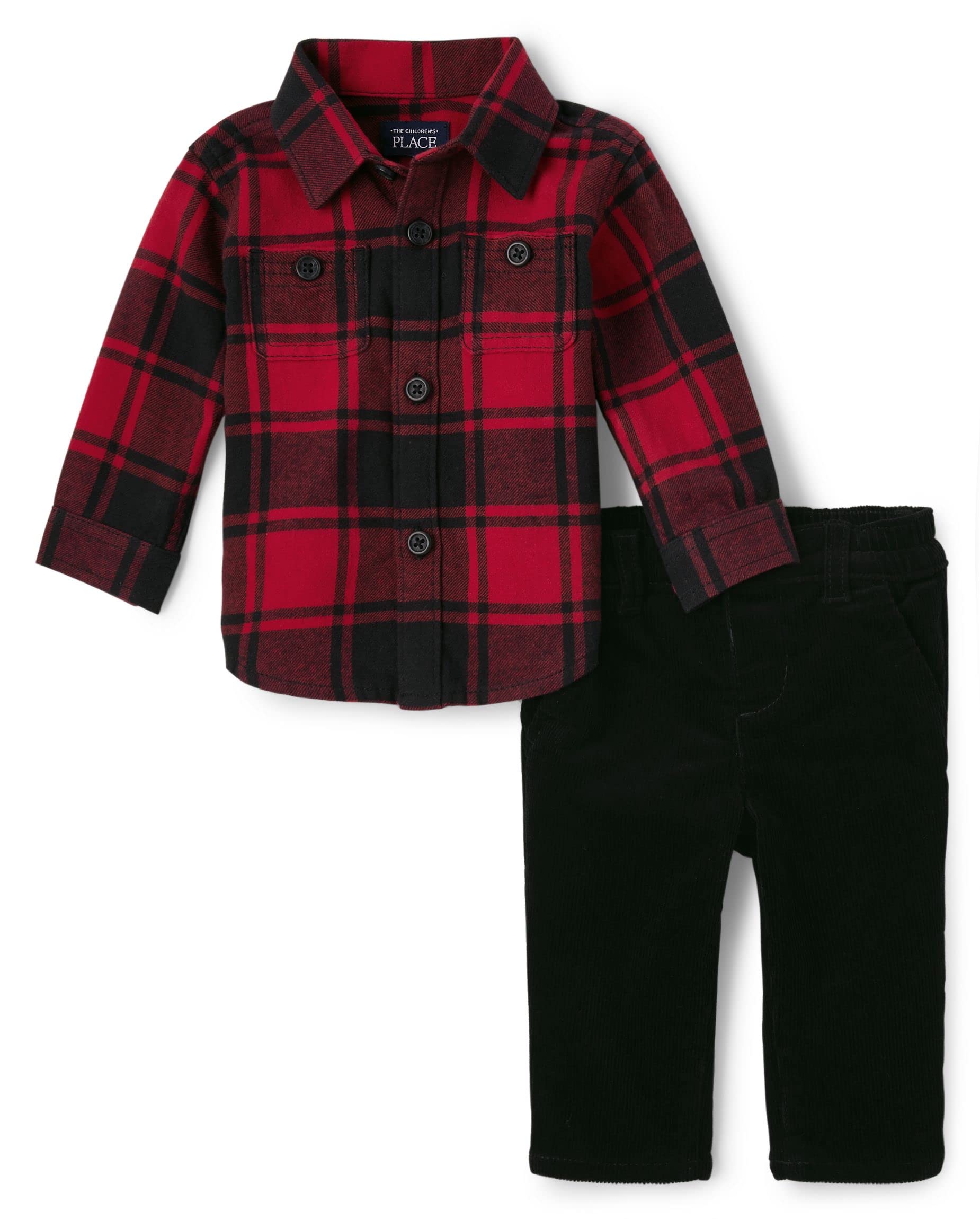 The Children's Place Baby Boys' and Toddler Long Sleeve Button Down Shirt and Chino Pants, 2 Piece Outfit, Red/Black Plaid, 0-3 Months