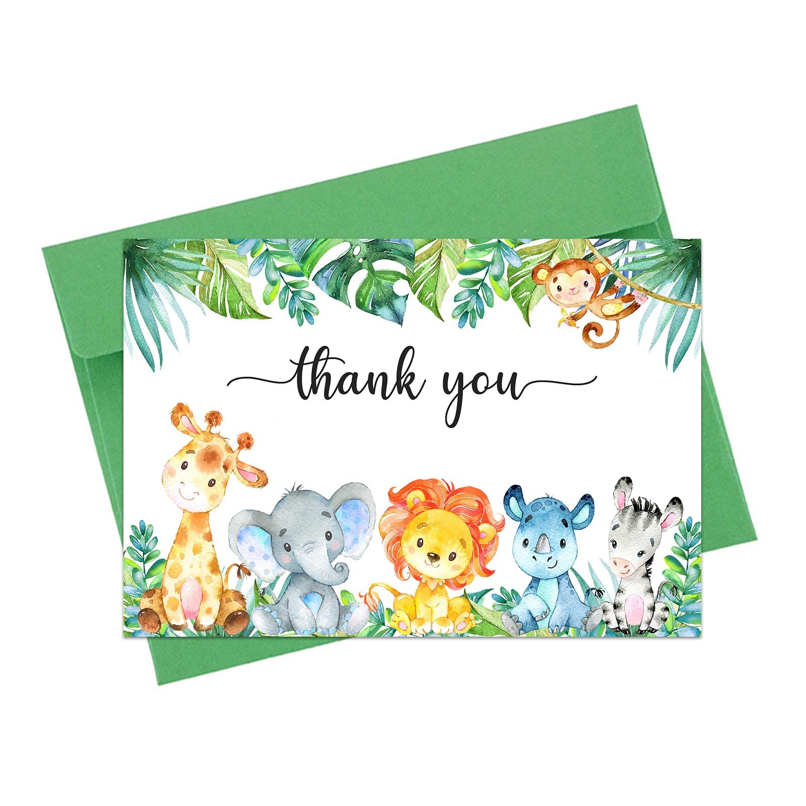 Buerhanerry 50 Safari Animals Thank you Cards, Jungle Animals Thank You Notes, 4x6 Safari Thank you Cards for Baby Shower, Wild One, Birhtday Party