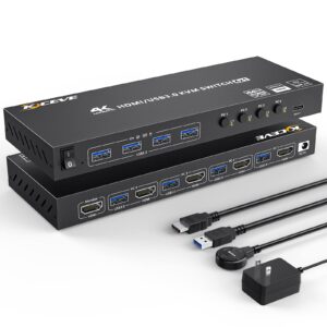 usb 3.0 kvm switch hdmi 4 port support 4k@60hz 2k@120hz rgb 4:4:4 simulation edid, hdmi usb switch for 4 computers share 1 monitor and 4 usb 3.0 ports with controller, power adapter and kvm cables