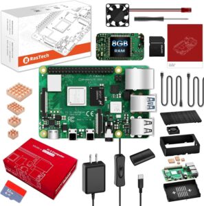 rastech raspberry pi 4 8gb starter kit with pi4 8gb board,with 32gb card 4 copper heatsink 2 micro hd out cable 5v 3a power supply with on/off case cooling fan card readers screwdriver