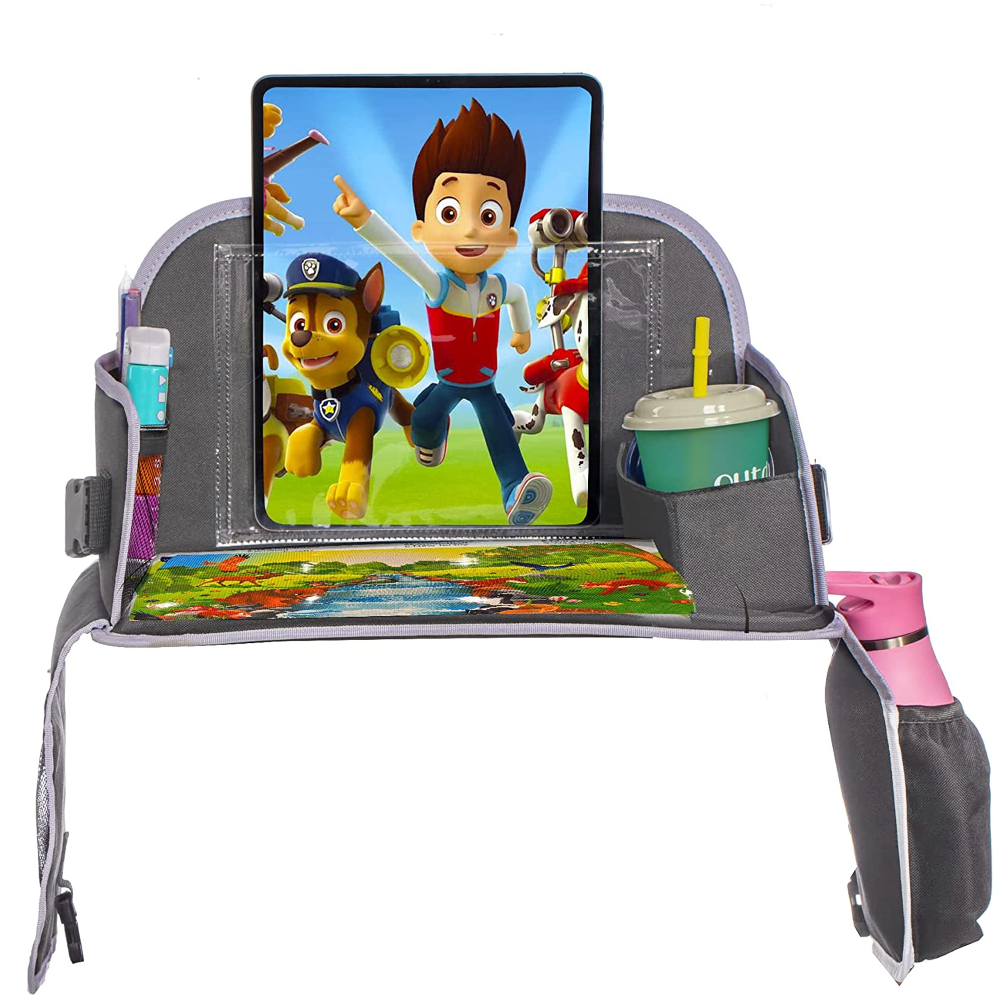 Kids Travel Tray with Dry Erase Board, Road Trip Essentials Kids, No-Drop Tablet Holder, Lap Desk, Cup Holder, Toddler Toy Storage, Fits Airplane and Booster Seat (Grey/Animals)