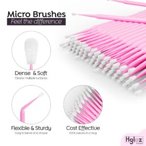 HGLOZ Microswabs for Eyelash Extensions Pack of 500 in Pink – 2mm Soft Micro Applicator Brush with Microfiber Wands – Suitable for Cleaning and Applying Make-up