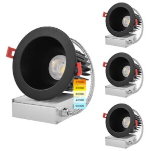 luxrite 4 inch led recessed lighting with junction box, 18w, cri 90, 5 color selectable 2700k-5000k, 1500 lumens, regressed led downlight, 40° beam, dimmable, wet rated, ic rated - black (4 pack)