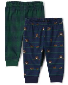 the children's place baby boys' and newborn jogger bottoms, tidal bears/tidal plaid 2-pack, 9-12 months