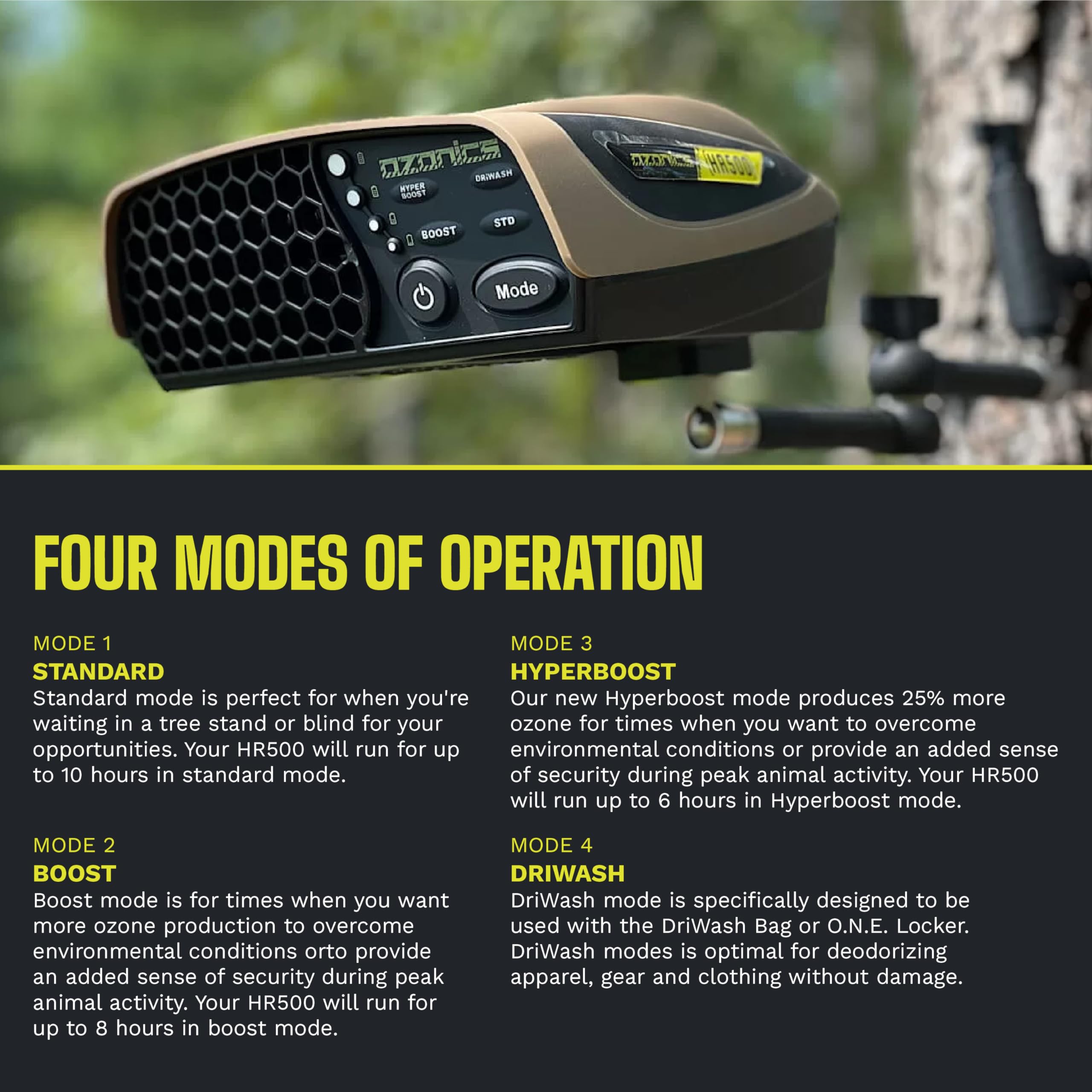 Ozonics HR500 Scent Eliminator with New Hyperboost Mode | Hunting Ozone Generator with 4 Modes of Operation, Odor Eliminator with Bluetooth Connectivity - XL Battery & Smart Arm Mount Included