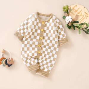 Infant Baby Girl Boy Knitted Sweater Romper Jumpsuit Checkerboard Plaid Print Long Sleeve Button Down Bodysuit Clothes (Camel, 3-6 Months)