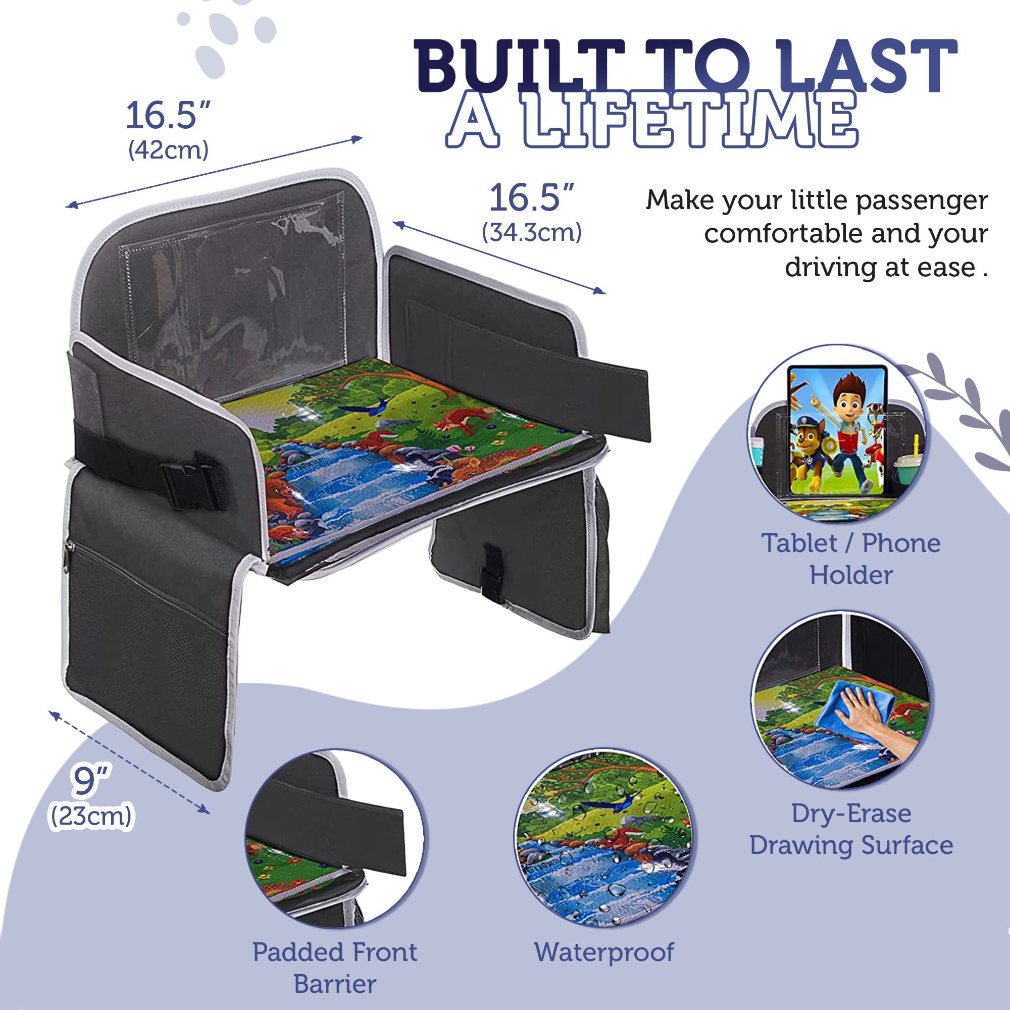 Kids Travel Tray with Dry Erase Board, Road Trip Essentials Kids, No-Drop Tablet Holder, Lap Desk, Cup Holder, Toddler Toy Storage, Fits Airplane and Booster Seat (Grey/Animals)