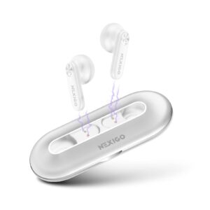 nexigo air t2 (gen 2) ultra-thin wireless earbuds, qualcomm qcc3040, bluetooth 5.2, 4-mic cvc 8.0 noise cancelling for clear calls, volume control, aptx, 28h playtime, ipx5, silver (renewed)