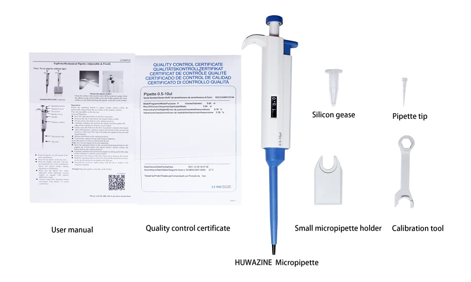 Huwazine Micropipette kit, 0.5-10ul 10-100ul 100-1000ul, Adjustable Single Channel Pipette, 3 Pieces, Pipette Stand, 3 Racks of sterile Pipette Tips (SC Pipettors-3pcs-Set A)