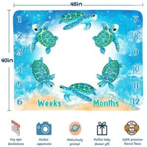 FHZON Turtle Milestone Blanket Blue Sea Life Baby Blanket Beach Newborn Gift with Week Months Swaddling Bag 48x40in BTLSFH127