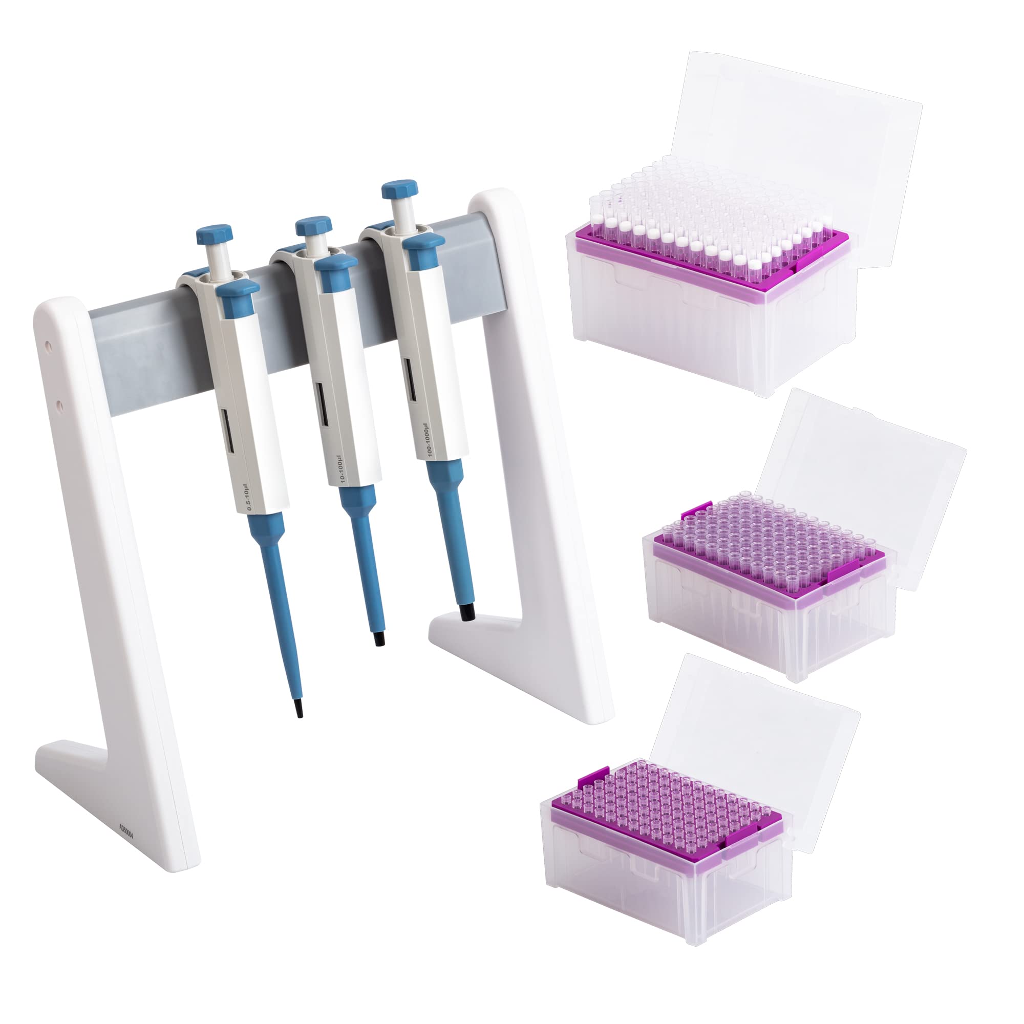 Huwazine Micropipette kit, 0.5-10ul 10-100ul 100-1000ul, Adjustable Single Channel Pipette, 3 Pieces, Pipette Stand, 3 Racks of sterile Pipette Tips (SC Pipettors-3pcs-Set A)