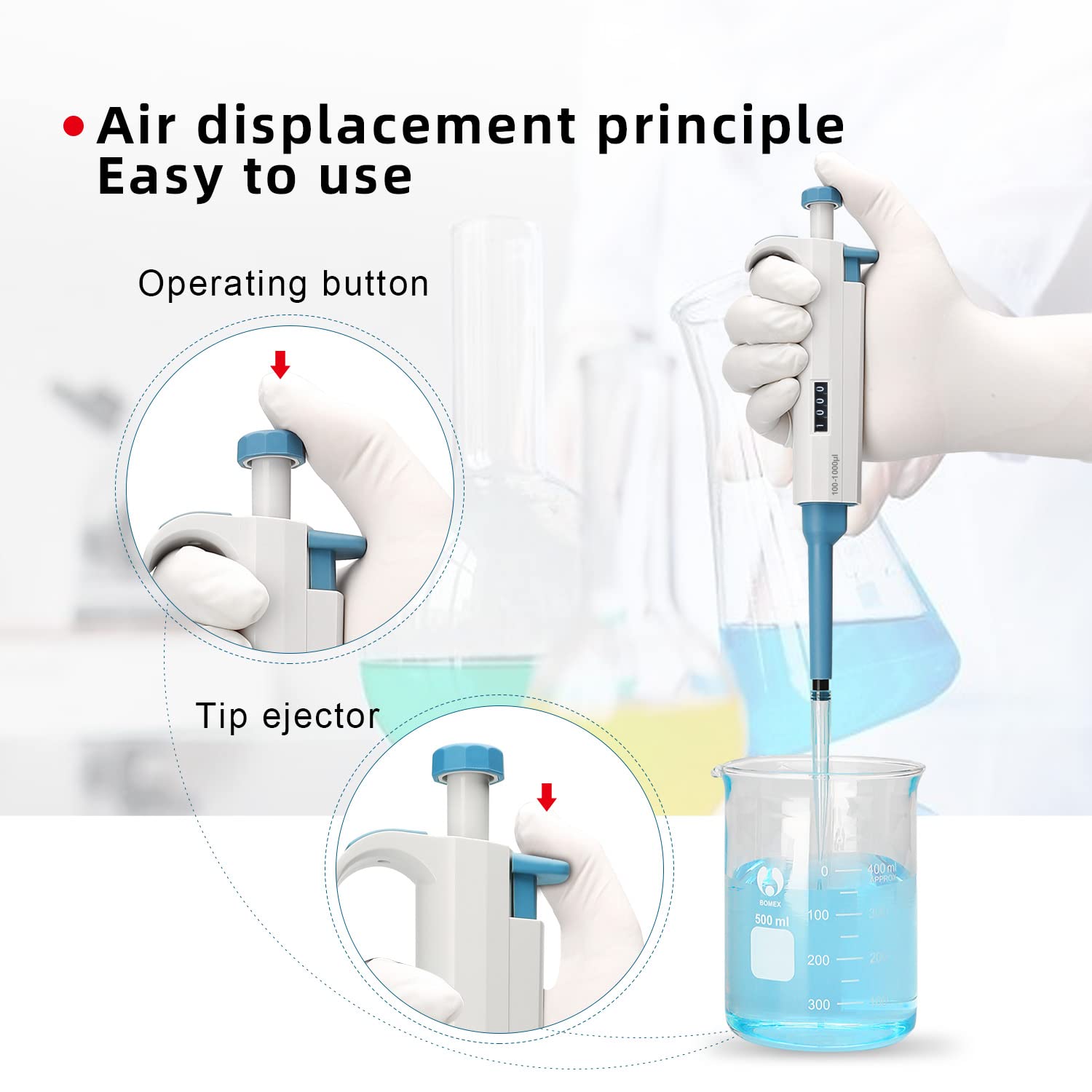 Huwazine Micropipette kit, 0.5-10ul 10-100ul 100-1000ul, Adjustable Single Channel Pipette, 3 Pieces, Pipette Stand, 3 Racks of sterile Pipette Tips (SC Pipettors-3pcs-Set A)