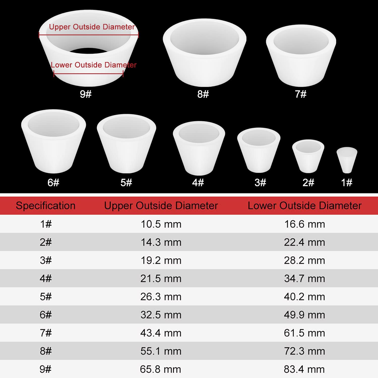 stonylab Silicone Filter Adapter Cones, 9-Pack Durable Tapered Collar Rubber Stopper Buchner Funnel Flask Cones Adapter Set, Wear Resistance Smooth Surface, White