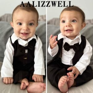 Aalizzwell Baby Boys Gentleman Outfit, Infant Vest Suspender Pants 3 Piece Formal Suit Set 3-6 Months Fall Winter Black