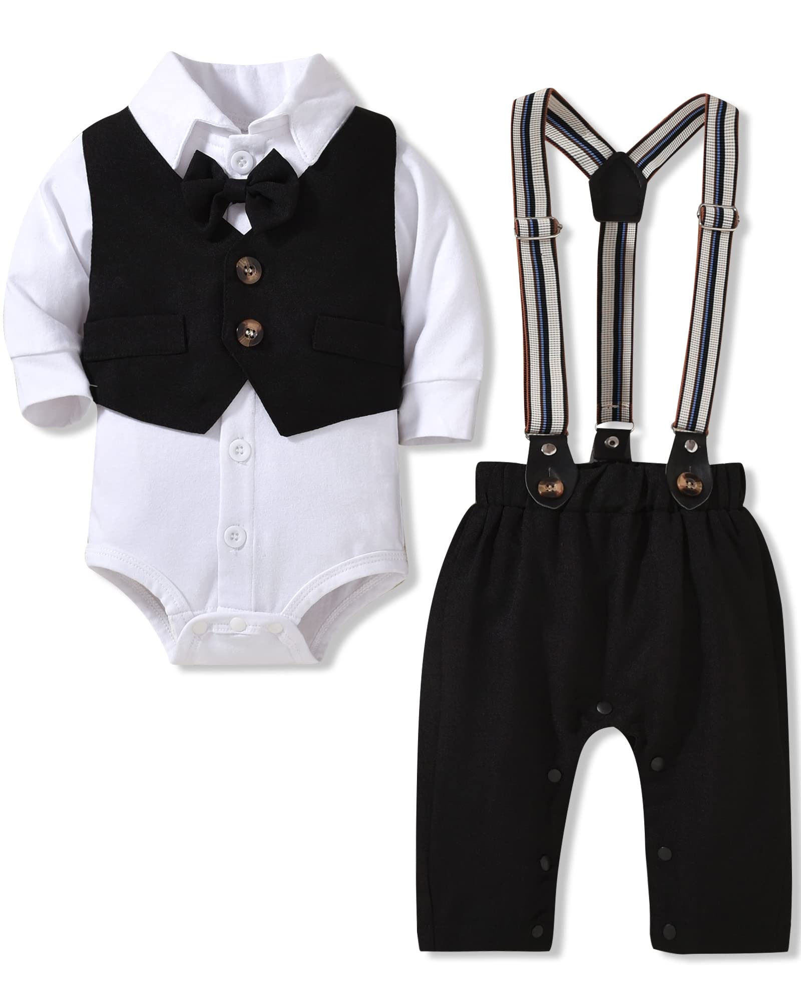 Aalizzwell Baby Boys Gentleman Outfit, Infant Vest Suspender Pants 3 Piece Formal Suit Set 3-6 Months Fall Winter Black