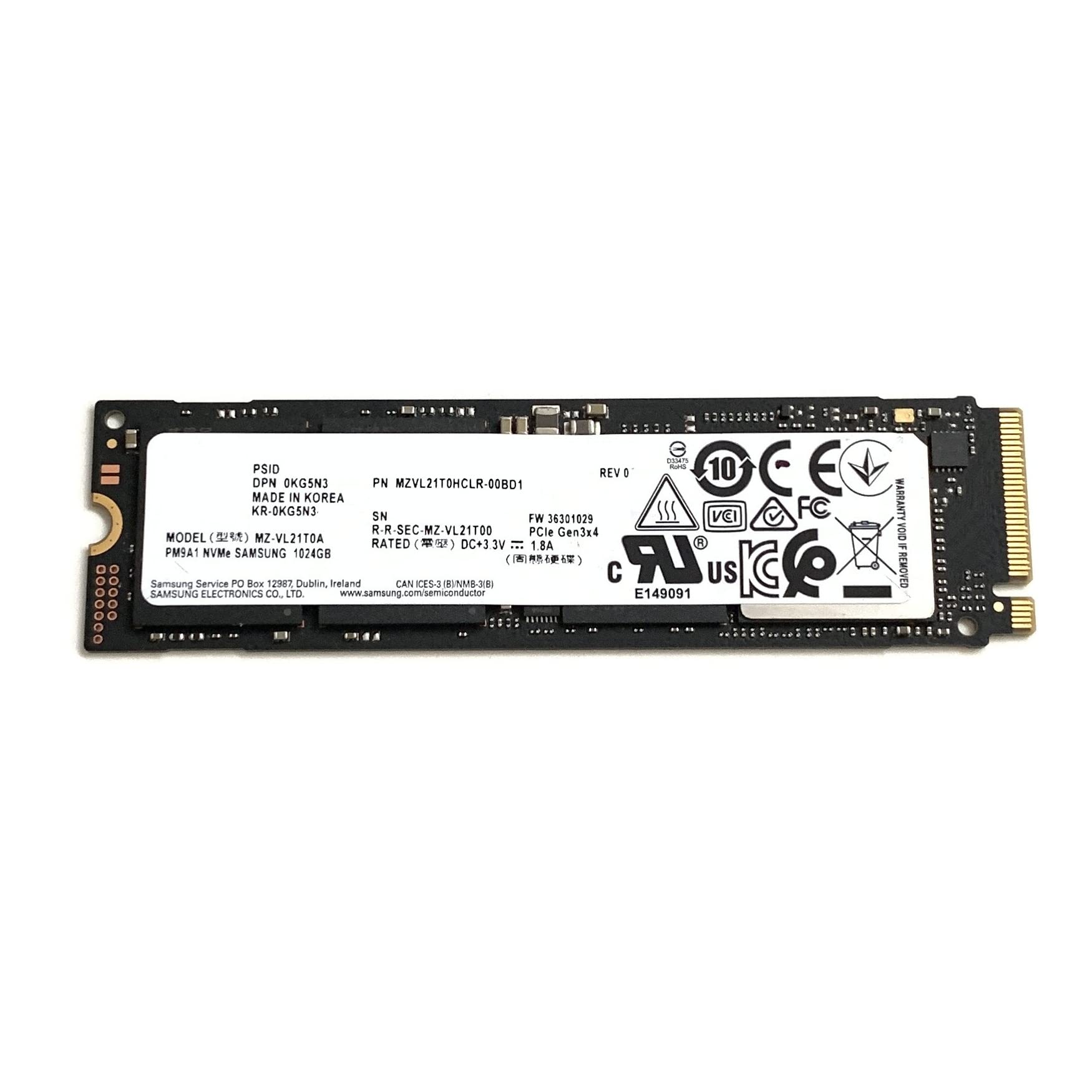 Samsung SSD 1TB PM9A1 NVMe PCIe 3.0 Gen3 x4 MZVL21T0HCLR 00BD1 KG5N3 0KG5N3 Solid State Drive for Dell Alienware HP Lenovo Laptop Desktop