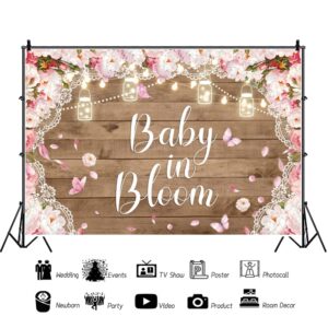 Baby in Bloom Backdrop 7x5ft Rustic Baby Shower Backdrop for Girl Wood Flowers Baby Shower Backdrop Girls Baby Shower Party Decoration Backdrop Baby in Bloom Backdrop for Newborn Baby Photography