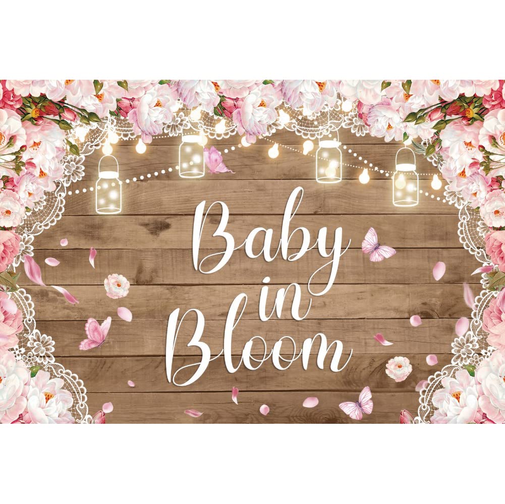 Baby in Bloom Backdrop 7x5ft Rustic Baby Shower Backdrop for Girl Wood Flowers Baby Shower Backdrop Girls Baby Shower Party Decoration Backdrop Baby in Bloom Backdrop for Newborn Baby Photography