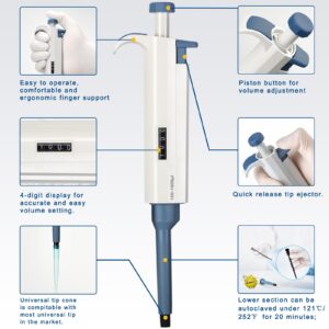 Huwazine Micropipette kit, 0.5-10ul 10-100ul 100-1000ul, Adjustable Single Channel Pipette, 3 Pieces, Pipette Stand, 3 Racks of sterile Pipette Tips (SC Pipettors-3pcs-Set A)