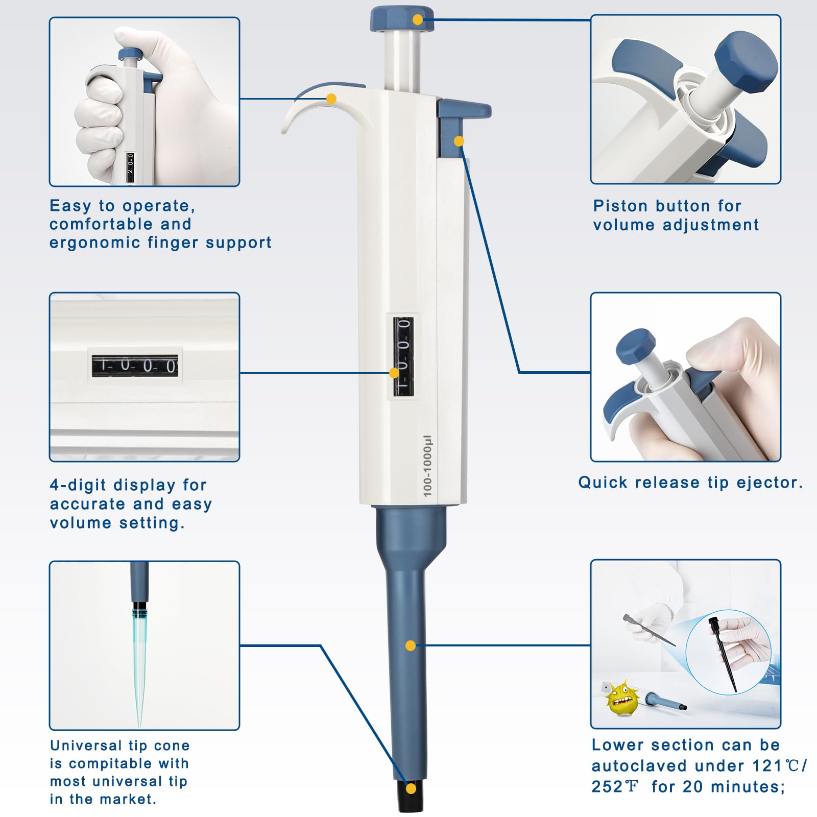 Huwazine Micropipette kit, 0.5-10ul 10-100ul 100-1000ul, Adjustable Single Channel Pipette, 3 Pieces, Pipette Stand, 3 Racks of sterile Pipette Tips (SC Pipettors-3pcs-Set A)